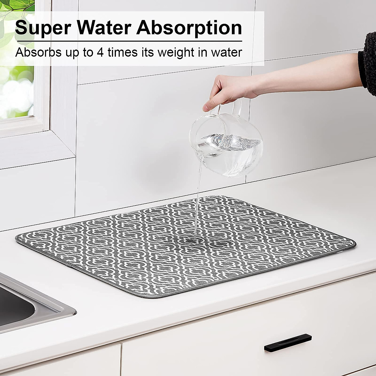 SUBEKYU 24" x 18" Dish Drying Mat, Dish Mat Drying Kitchen Mat Large, Absorbent Microfiber Dish Drainer/Rack Pads, XL, Grey, 1PACK