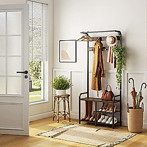Tajsoon Coat Rack, Hall Tree with Bench and Shoe Storage, Coat Rack Shoe Bench, 3-in-1 Shoe Rack and Coat Rack for Entryway, 11.24 X 28.35 X 66.34 Inches, Metal, Rustic Brown and Black
