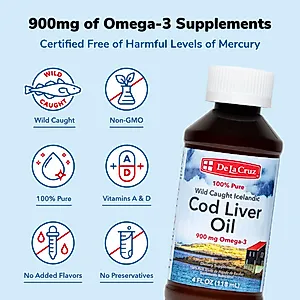 De La Cruz Cod Liver Oil Liquid - Pure Wild-Caught Icelandic Fish Oil 4 FL OZ (118 mL)