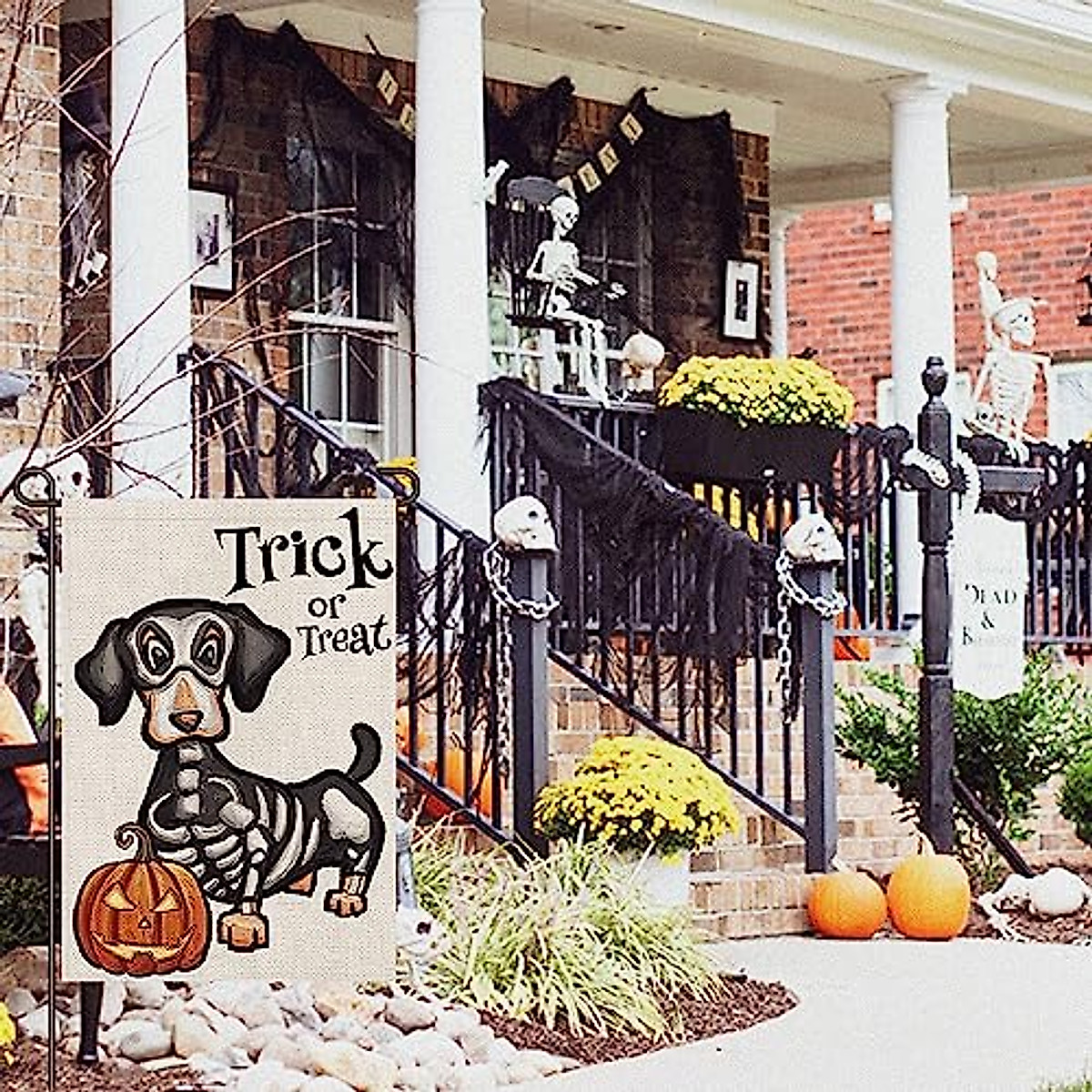 Halloween Trick or Treat Garden Flag Ghost Dog 12x18 Inch Small Double Sided Burlap Welcome Yard Dachshund Skeleton Outside Decorations DF342