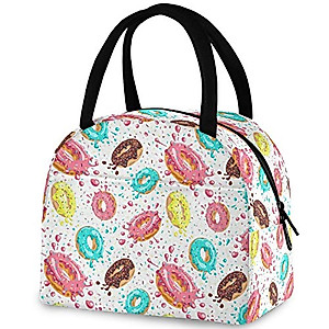 ZzWwR Cute Colorful Splashed Donuts Reusable Lunch Tote Bag with Front Pocket Zipper Closure Insulated Cooler Container Bag for Man Women Work Picnic Travel Beach Fishing