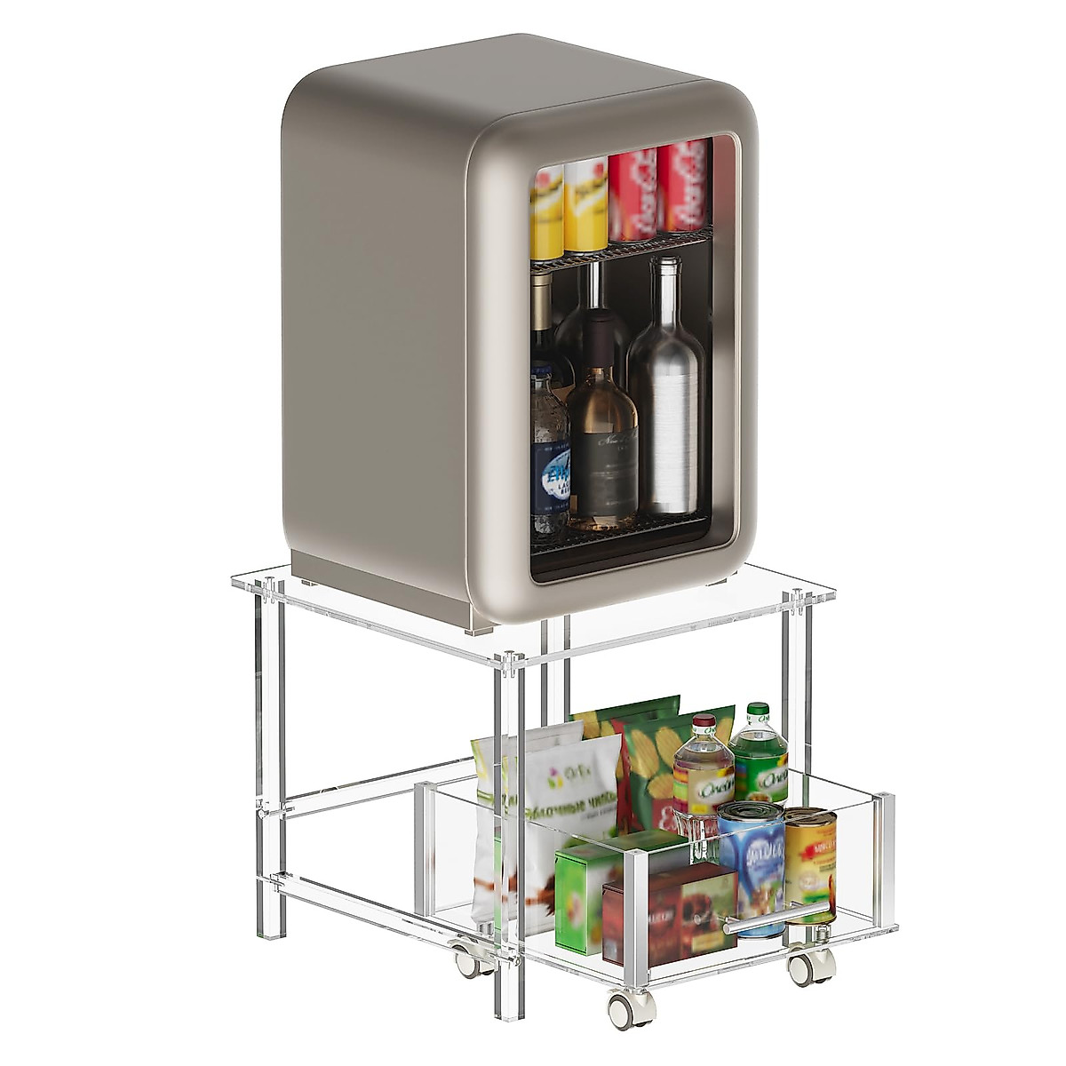 Aquiver Acrylic Mini Fridge Stand with Storage Basket - Mini Fridge Table Small Beverage Refrigerator Stand, with 4 Lockable Wheels, 19.7'' L x 19.7'' W x 16.9'' H, Clear