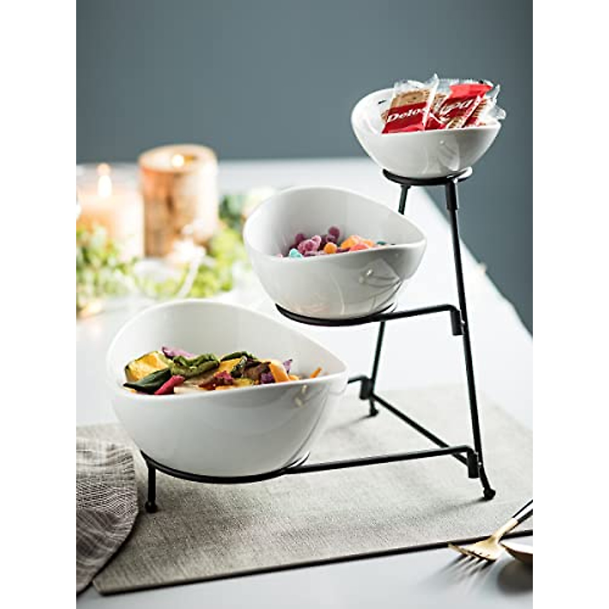 Miamolo Triple Ceramic Serving Bowl Set with Stand - White Serving Tiered Stand,Set of 3 Oval Bowl Set Perfect for Table Decoration Set Party Chip Rack Display Salad Bar Serving Set - Black Stand