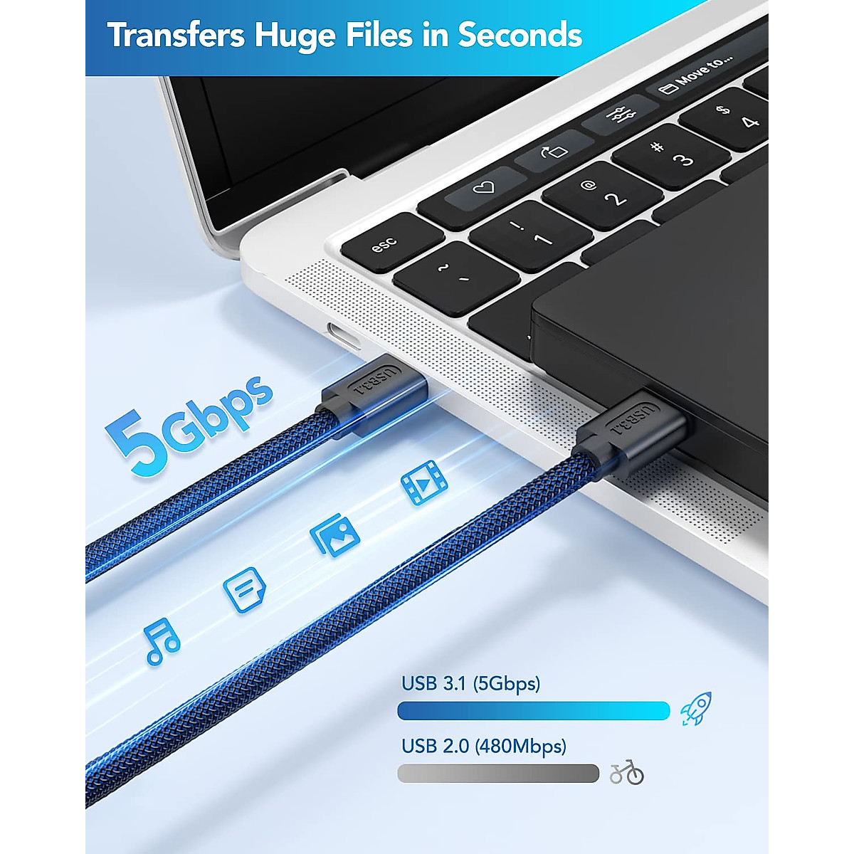 ANDTOBO USB 3.0 A to A Male Cable 6.6 FT, USB 3.0 Male to Male Cable Double End USB Cord Compatible with Hard Drive Enclosures DVD Player Laptop Cooler - Blue