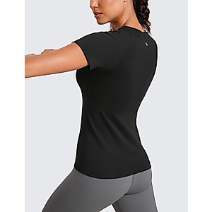 CRZ YOGA Seamless Workout Tops for Women Short Sleeve Athletic Tees Breathable Gym Running Yoga Shirts Black Medium
