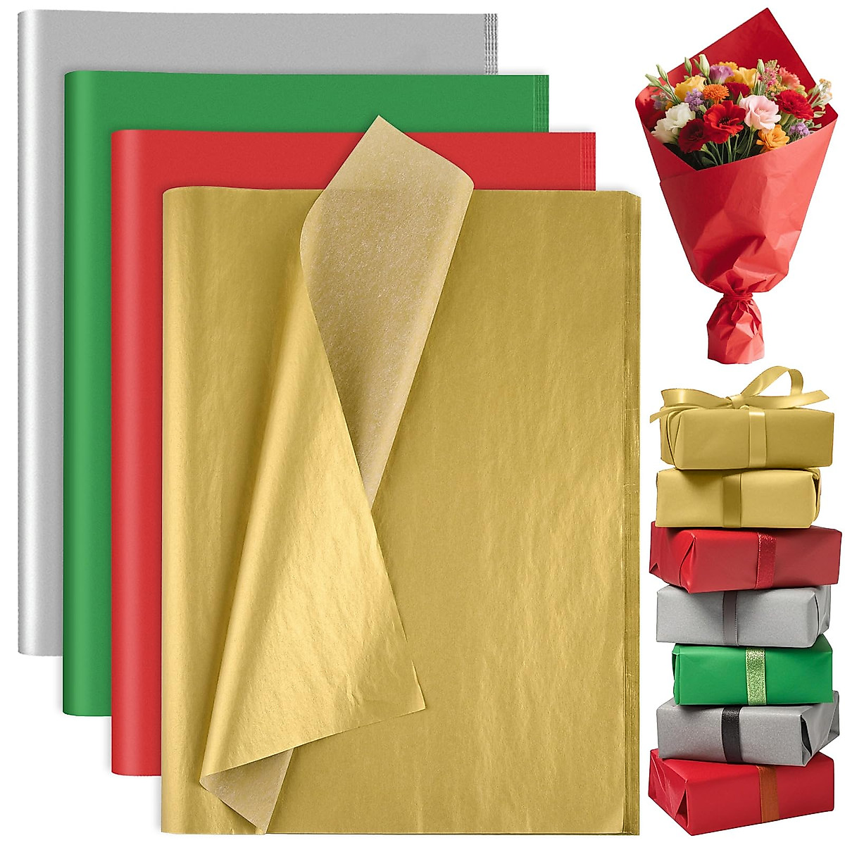 PLULON 60 Sheets Christmas Gift Wrapping Tissue Paper Birthday, Tissue Paper for Home, Kitchen, DIY Crafts, Wrapping Accessory (Red, Green, Silver, Golden)