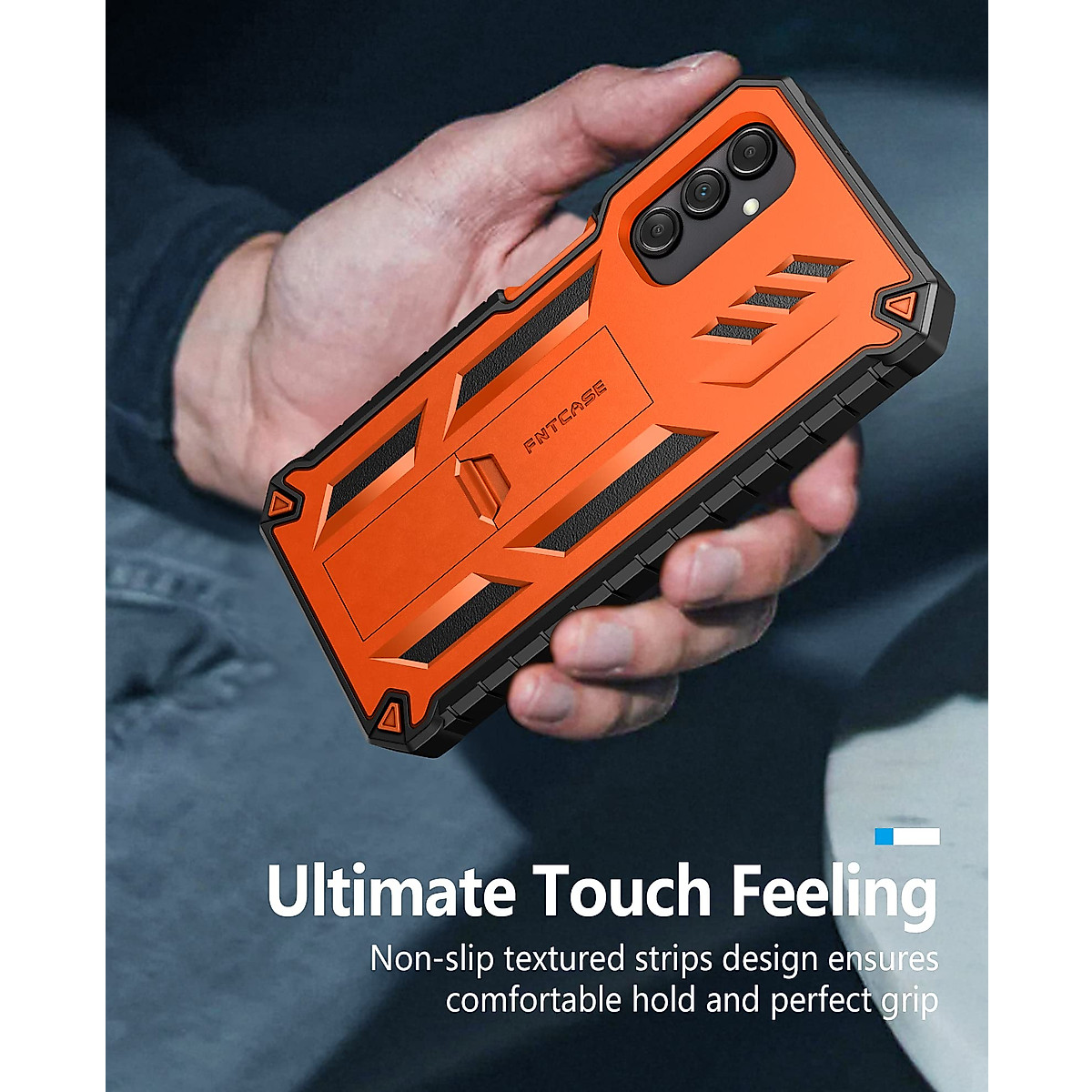 FNTCASE for Samsung Galaxy A14-5G Case: Dual-Layer Protective Textured Shockproof Rugged TPU Cover with Kickstand | Military Grade Drop Protection | Heavy Duty Cell Phone Protector - Orange