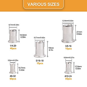 SAE Rivet Nuts Assortment, VIGRUE 185pcs #8-32#10-24 1/4"-20 5/16"-18 3/8"-16 304 Stainless Steel Nutserts Rivnuts Kit, Flat Head Threaded Insert Nut Assort