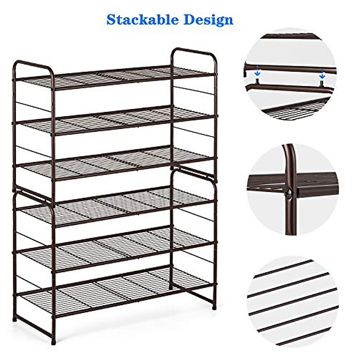 Bextsrack 3-Tier Shoe Rack, Stackable & Adjustable Wire Grid Shoe Shelf Storage Organizer for Closet Bedroom Entryway - 2 Pack