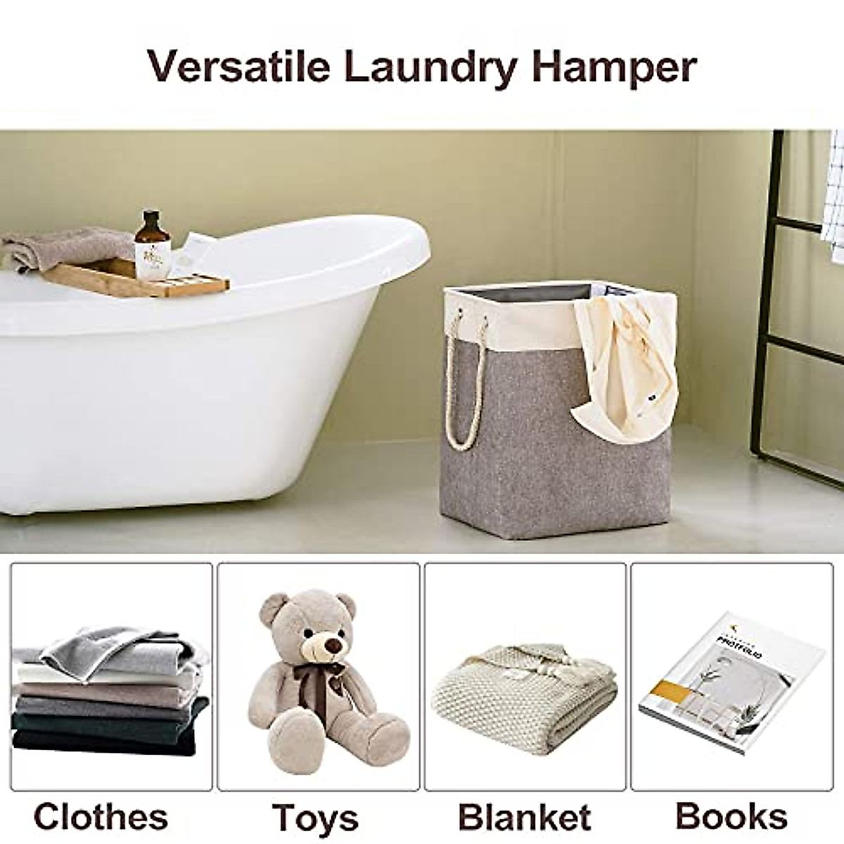 FairyHaus Laundry Basket-2Pack, Freestanding Laundry Hamper with Support Rods & Easy Carry Handles, Fabric Dirty Laundry Hampers Baskets for Clothes Storage Gray 65L