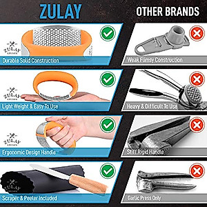 Zulay Stainless Steel Garlic Press Rocker Set - Premium Garlic Mincer With Silicone Peeler & Scraper - Arc Shape Design Garlic Crusher With Comfortable Grip (Orange)