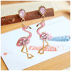 Pink Enamel Oil Flamingo Bird Dangle Earrings for Women Hypoallergenic Jewelry Cute Animal Flamingo Crystal Earrings (Pink)