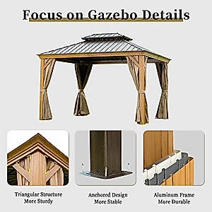 Domi Outdoor Living 10’x12’ Hardtop Gazebo, Wooden Coated Aluminum Frame Canopy with Galvanized Steel Double Roof, Outdoor Permanent Metal Pavilion with Curtains and Netting for Patio, Deck and Lawn