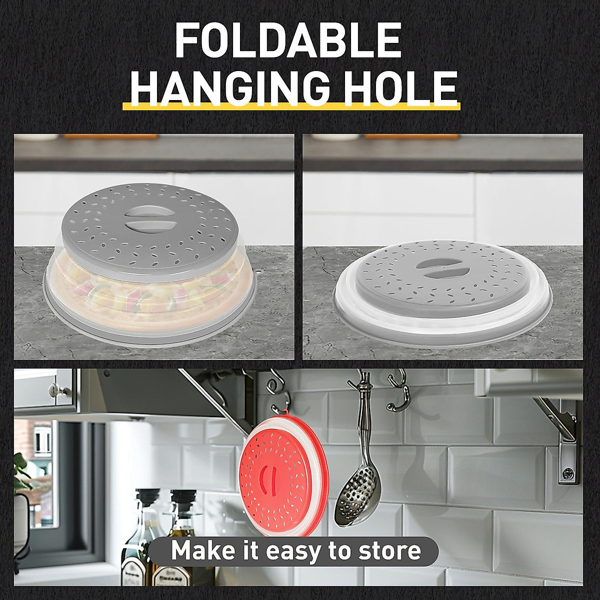 CasaCulina 2 Pack Collapsible Microwave Splatter Cover, Vented Microwave Lid with Hook Hole, Splatter Guard for Plate Dish Bowl, Vegetable Fruit Colander Multi-function Kitchen Gadget(Grey & Red)