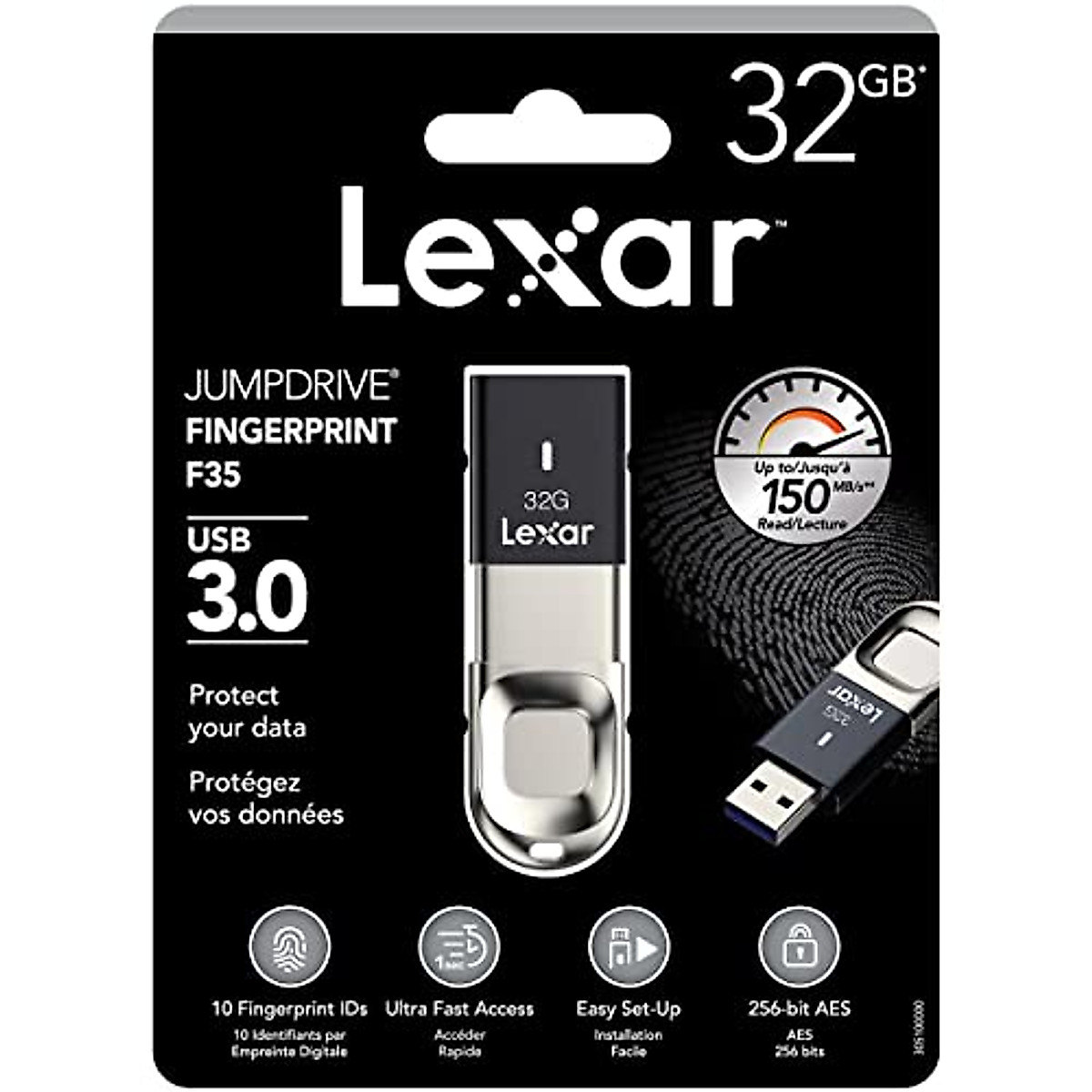 Lexar LJDF35-32GBNL Jumpdrive Fingerprint F35 32 GB USB 3.0 Flash Drive, Black/Silver