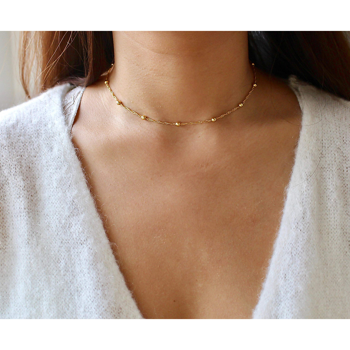 MEVECCO Gold Bead Chain Choker Necklace,14K Gold Plated Dainty Cute Tiny Bead Charm Wave Chain Minimalist Simple Choker Necklace for Women