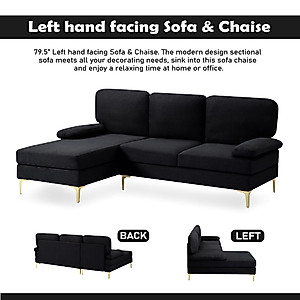 Lepfun 79.5" Modern Sectional Chaise Lounge, L Shaped Corner Living Room Small Spaces, Comfy Sofa & Couch with Solid Wood Frame, Detachable Pillow-Top Armrest, Black