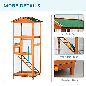 PawHut 65" Wooden Bird Cage Outdoor Aviary House for Parrot, Parakeet, with Pull Out Tray and 2 Doors, Natural