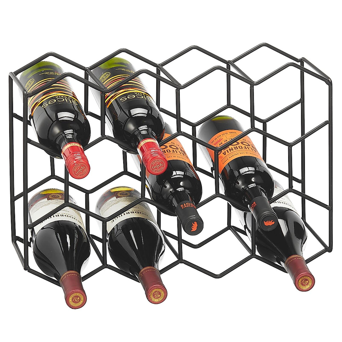 mDesign Metal Hexagon 3-Tier Wine Rack - Minimalist Bottle Holder for Kitchen Countertop, Pantry, or Refrigerator Space - Wine, Beer, Pop/Soda, Water Bottles, and Juice, Holds 11 Bottles - Matte Black