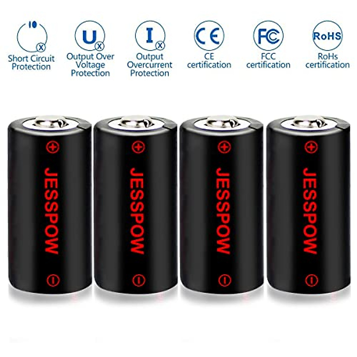 JESSPOW CR123A Rechargeable Batteries 8 Pack with Charger, RCR123A Lithium Batteries [ 750mAh 3.7V ] for Arlo Cameras (VMC3030/VMK3200/VMS3330/3430/3530), Flashlight