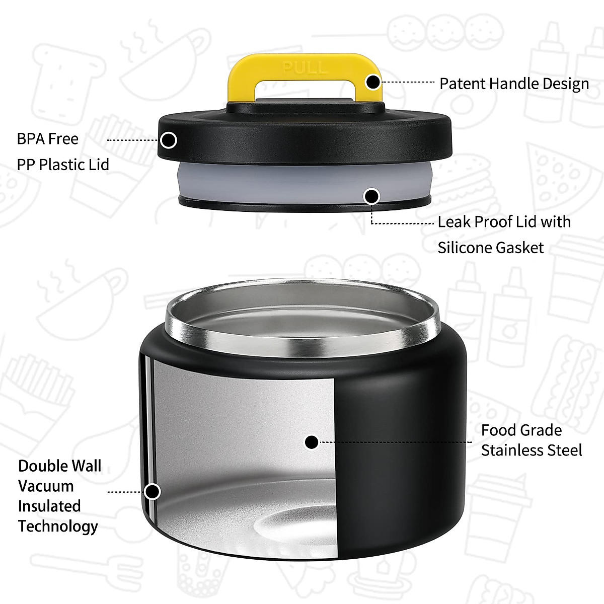 MAISON HUIS 8oz Soup Thermo Wide Mouth Vacuum Insulated Stainless Steel Food Jar, Leak Proof for Hot & Cold Food, Kids Lunch Container for School & Travel (Black)