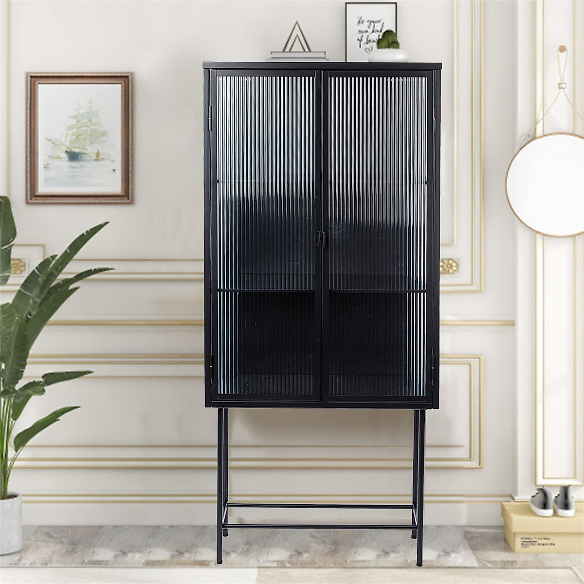 Retro Style Fluted Glass Storage Cabinet,Corner Cabinet Sideboard for Dining Room Entryway (Black)