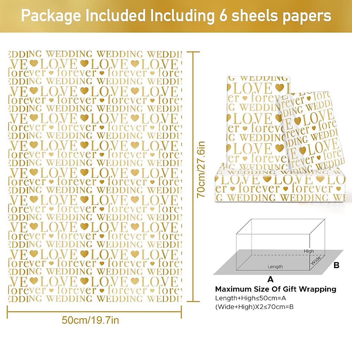 NEPOG Wedding Wrapping Paper, Love Forever Wedding Letter With Hearts White Gold Foil Design 6 Sheets Folded Flat 20x28 inches per Sheet for Valentines Day, Weddings, Bridal Showers, Engagements