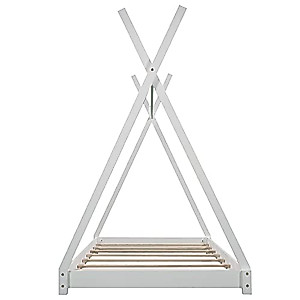 FIQHOME Twin Size House Platform Bed with Triangle tructure, Kids Floor Bed House Bed Solid Wood Frame, Wooden Slat Support, for Boys & Girls,No Box Spring Needed,White