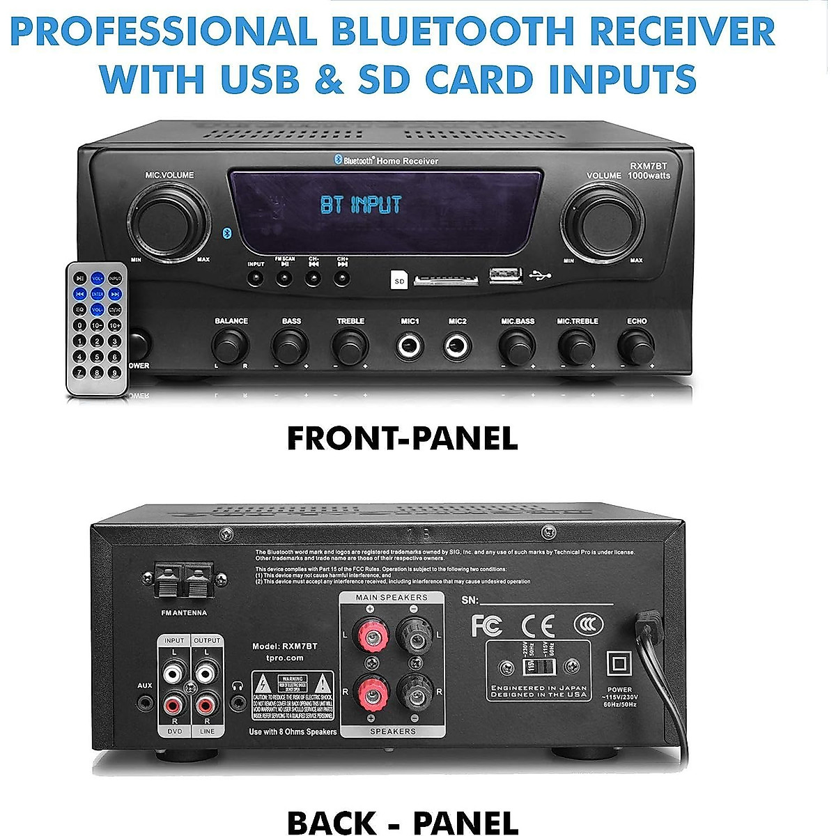 Home Theater System Kit 1000 Watts Bluetooth Receiver w/ 6 Qty 5.25" 175 Watts Each in-Wall in-Ceiling Speakers & 16 Gauge 250 ft. Speaker Wire Portable Microphone w/Remote Control by Technical Pro