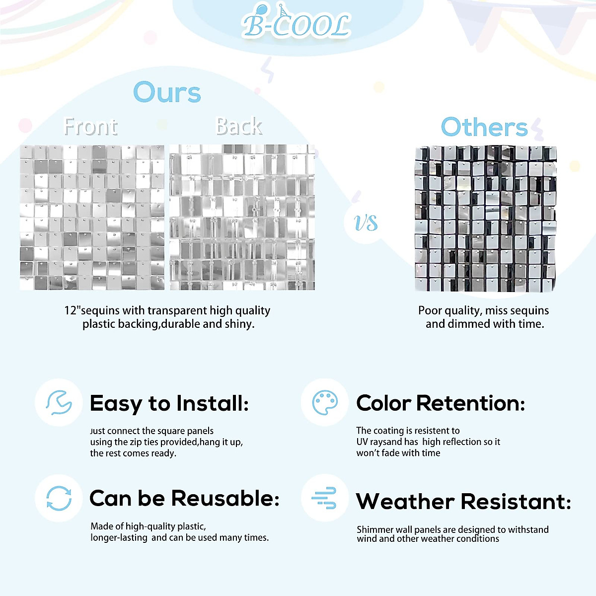 Silver Shimmer Wall Backdrop Sequin Disco Backdrop Panels for Party Photo Background 30 Packs Glitter Birthday Backdrops Bridal Baby Shower Wedding Decoration (6x5ft)