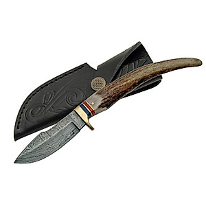 SZCO Supplies 8" Stag Grip Damascus Steel Outdoor Hunting Knife with Sheath, Brown, One Size, DM-1029