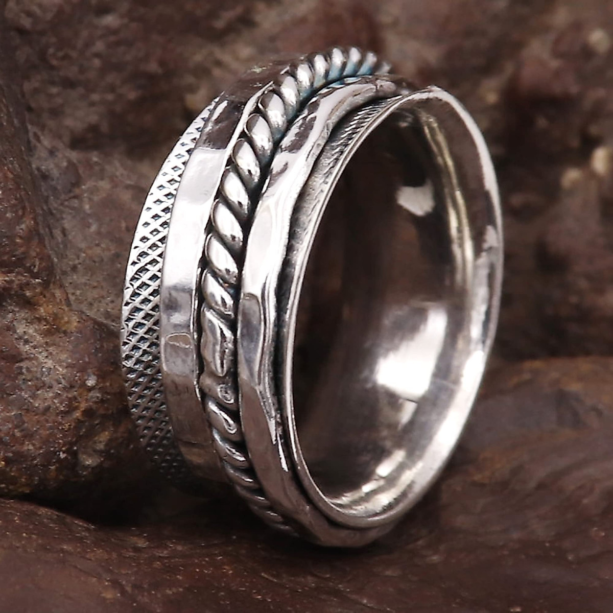 Goyal Jewels Silver Ring 925 Sterling Silver Band and Spinner Meditation Beautiful Ring Men Women Ring Gift Item Statement Handmade Jewelry Ring GESR260 (US-15)