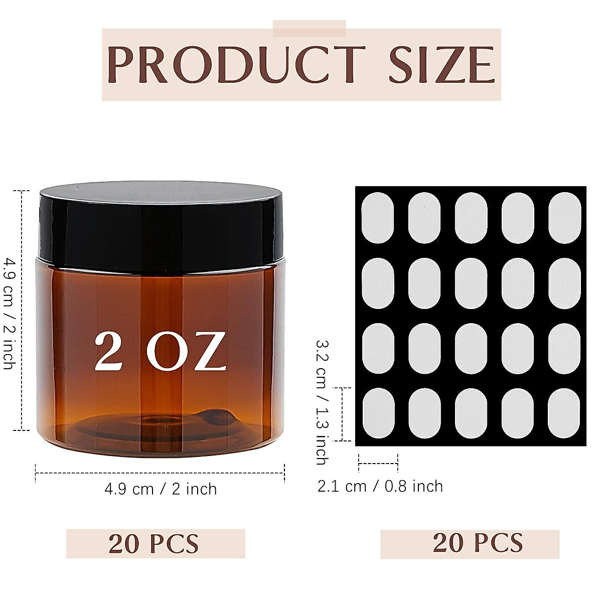20 Pack 2 oz Amber Plastic Jars with Lids and Labels, Empty Salve Containers Refillable Cosmetic Jars for Creams, Lotion, Body Scrubs