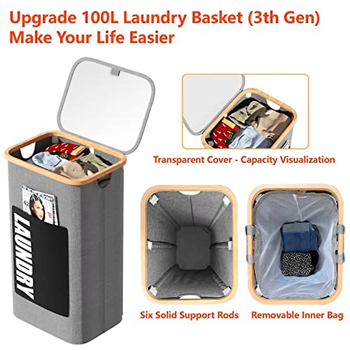 Upgraded Large Laundry Basket with Lid, 100L Tall Hamper Bamboo Handles [Support Reinforcement] Collapsible Dirty Clothes Front Pocket & Inner Bag for Bedroom, Bathroom, Gray, XL