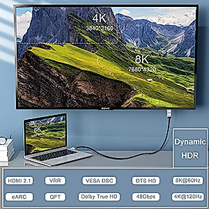 8K HDMI Cable 4FT/1.2M, Ultra High-Speed 48Gbps Gold Plated Braided HDMI 2.1 Cord, 4K@120Hz 8K@60Hz, Dynamic HDR, eARC, Dolby Atmos, Compatible with PS5/Xbox/Playstation/Fire TV/Roku TV and More