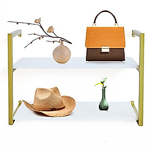 Gdrasuya10 Floating Shelves Wall Mounted, Modern Wood Storage Shelf, with Golden Metal Brackets Decor Wall Shelving for Bedroom, Bathroom, Bathroom, Kitchen, Living Room (2 Tier, 24“)