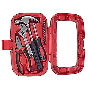 Home Improvement Tool Kit - 15-Piece Household Hand Tools Essentials Set in Durable Plastic Carrying Case for Home, Office, and Car by Stalwart (Red)