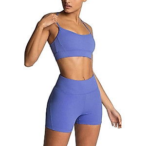IMEKIS Workout Sets for Women 2 Piece Yoga Outfit: Tracksuits High Waisted Running Biker Shorts with Adjustable Strap Sport Bra Exercise Running Clothes Athletic Gym Sets Matching Active Wear Blue S