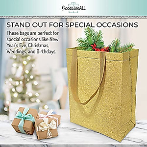 Gold Gift Bags - 12 Pack Large Gold Reusable Gift Bag Tote with Handles, Glitter Metallic Bling Shimmer, Eco Friendly for Birthday Parties, Bridesmaids, Party Favors, Grocery Shopping - 10x5x13