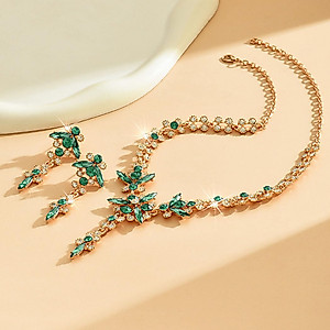 Unicra Bride Necklace Earrings Set Crystal Bridal Wedding Jewelry Sets Rhinestone Choker Necklace Prom Costume Jewelry for Women and Brides (Green)
