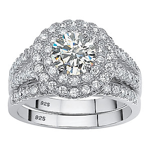 PalmBeach Platinum-plated Sterling Silver Round Cubic Zirconia Double Halo Bridal Ring Set Sizes 6-10 Size 8