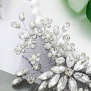 Unsutuo Crystal Bride Wedding Hair Comb Silver Rhinestone Flower Bridal Hair Pieces Pearl Wedding Hair Accessories for Women and Girls… (Silver)