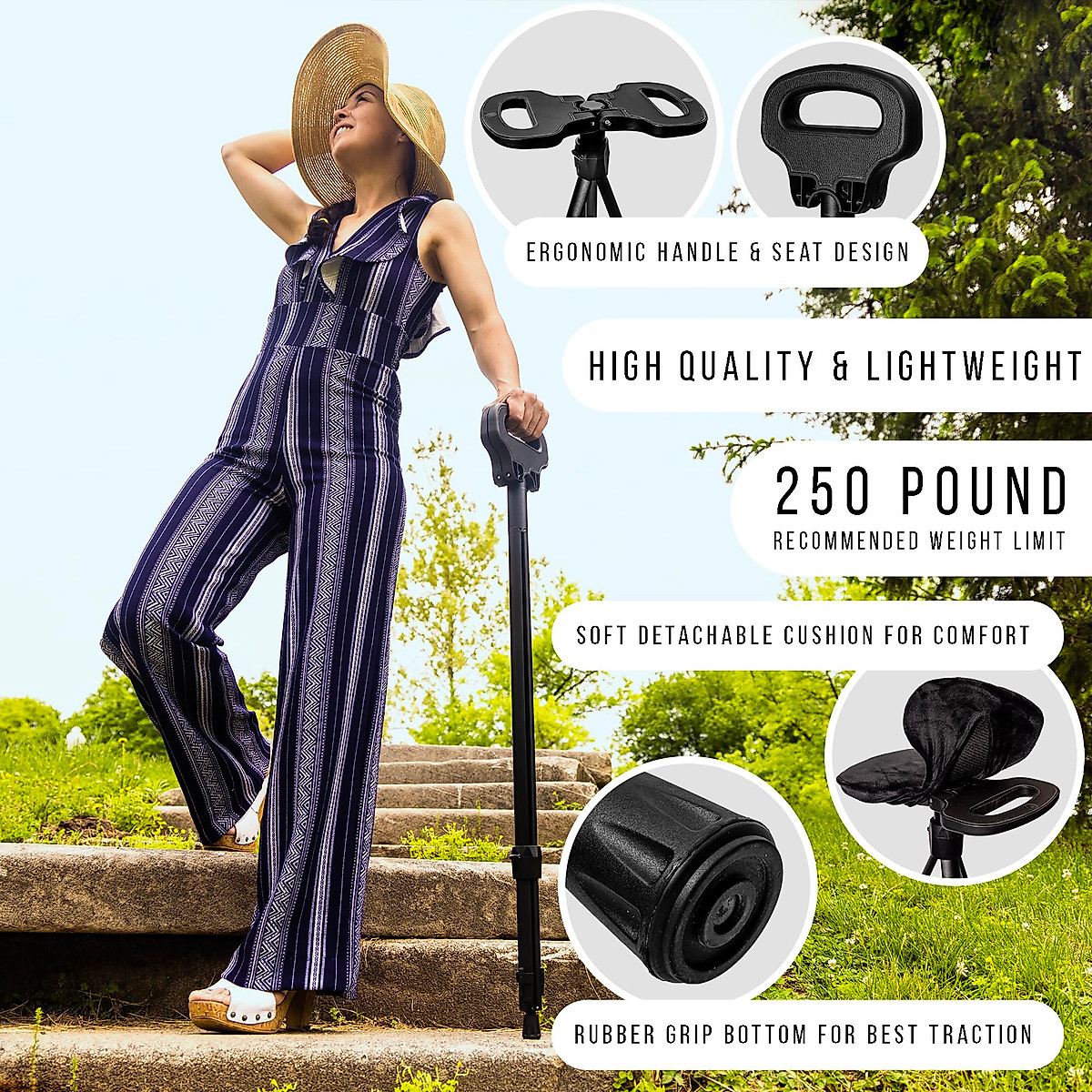 Darza Adjustable Cane with Seat, Walking Stick with Seat, Cane Stool, Lightweight Aluminum and Ergonomic Design, Includes Removable Cushion and Carry Bag with Pocket Storage