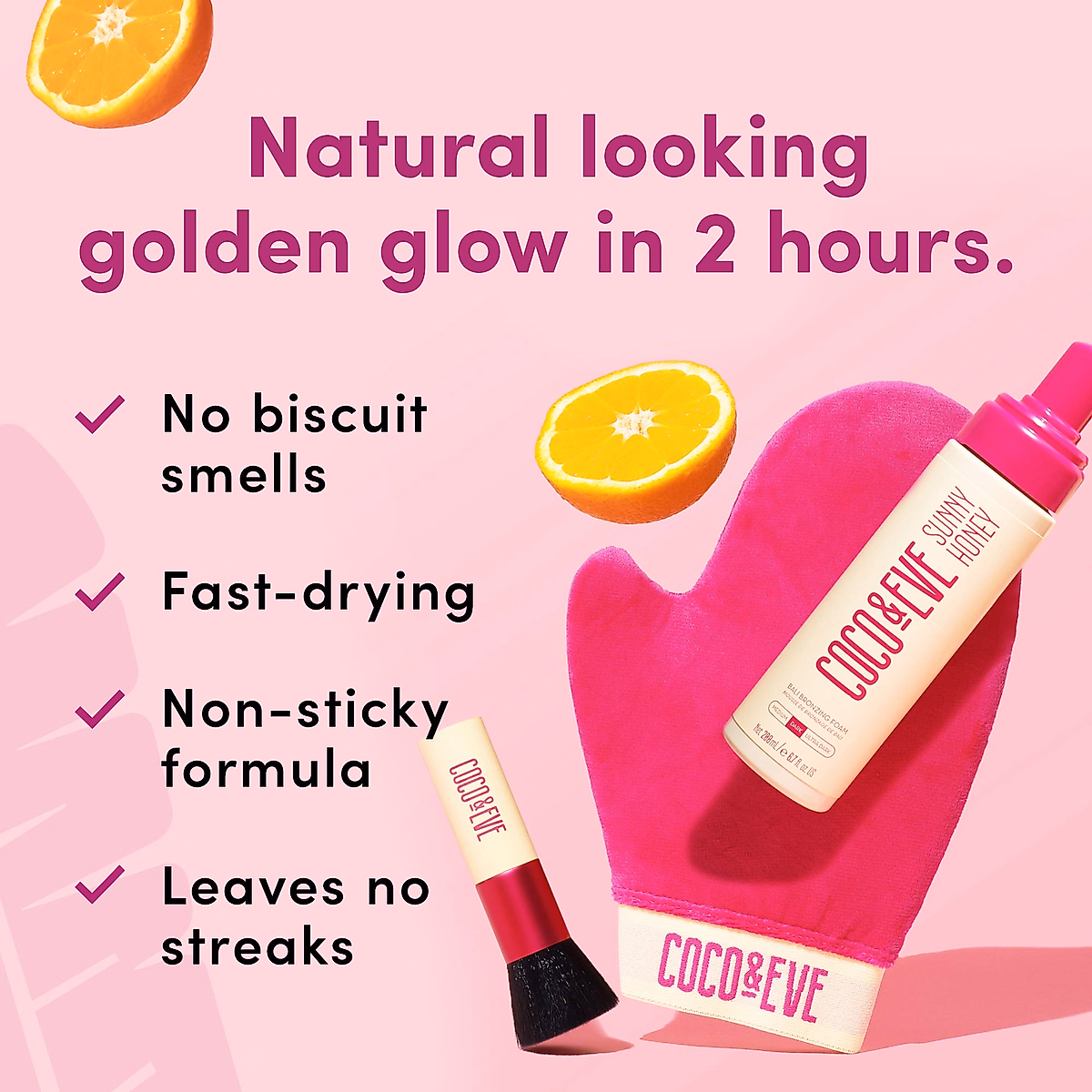 Coco & Eve Sunny Honey Bali Bronzing Bundle (Dark). All Natural Sunless Tanning Mousse. Instant Self Tanning Lotion with Bronzer, Mitt Applicator and Kabuki Brush.