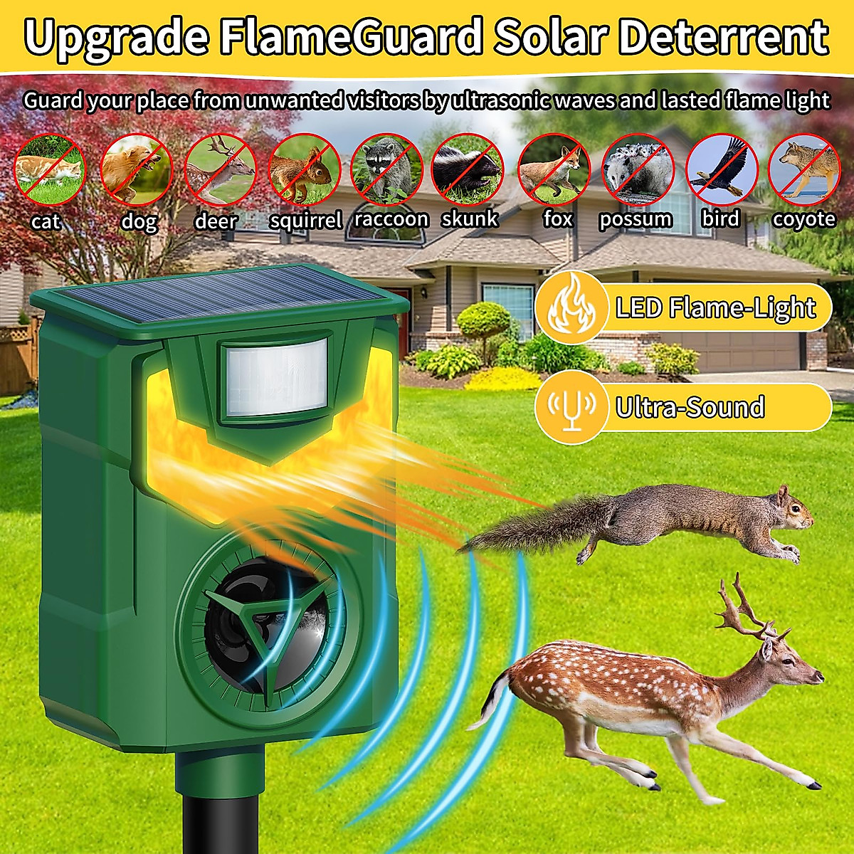 Ultrasonic Animal Repellent, Cat Deterrent Outdoor, 2024 Newest Flame Light Animal Repellent for Garden, Solar Animal Repeller with Motion Sensor, Repel Dogs Bird Skunk Rabbit Squirrels Deer for Yard