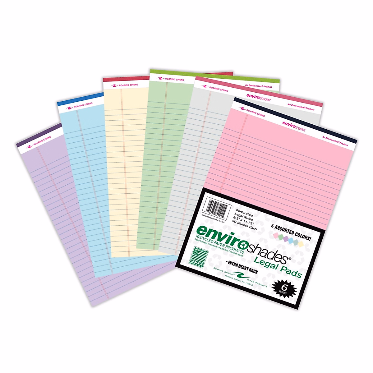 Roaring Spring Enviroshades Recycled Legal Pads, 6 Pack, 8.5" x 11.75" 50 Sheets, Assorted Colors
