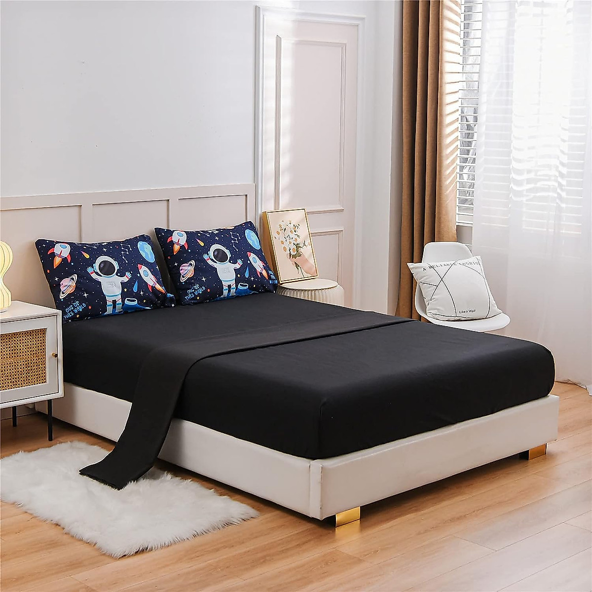 Meeting Story 5Pieces Universe Space Themed Comforter Set Planet Astronaut Rocket Galaxy Printed Pattern Quilt Bedding Set for Kids Girls Boys Children Room Decor (Black,Twin 5pcs)