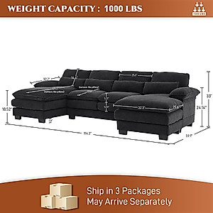 Nolohoo U Shape Sectional Sofa Cloud Couch,124" Chenille Comfy Couches for Living Room, Modern Upholstered Large Modular Sofa with Chaise,Console USB Port Cup Holders, Dark Gray