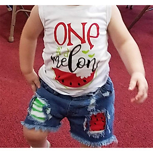 LOTUCY 2PCS Baby Girls Boy Clothes One in A Melon Watermelon Tops Tassel Ripped Denim Shorts Set Baby Boy Girl 1st Birthday Outfit