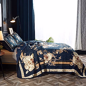 LAMEJOR Quilt Set Queen Size Retro Floral Pattern Medallion Style 3-Piece Reversible Luxury Soft Comforter Set Bedspread Coverlet Set Microfiber Dark Blue